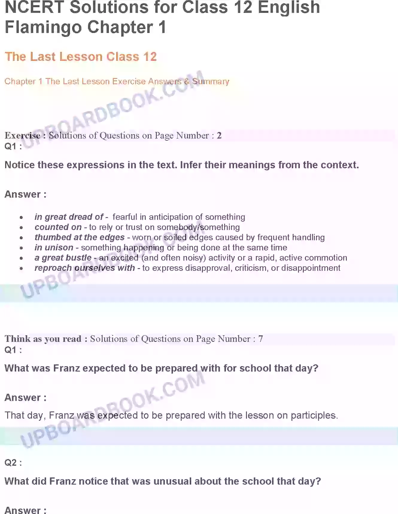 UP Board class 12 English 1. The Last Lesson Solution PDF - UPBoardBook