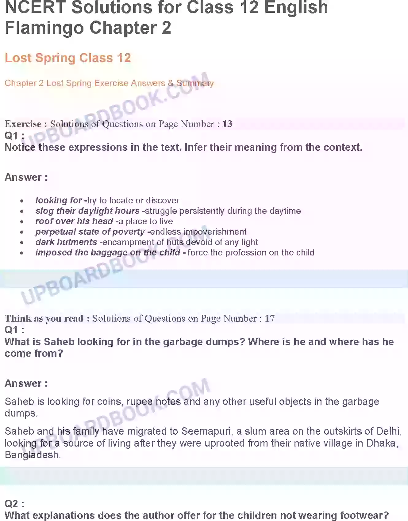 UP Board class 12 English 2. Lost Spring Solution PDF - UPBoardBook