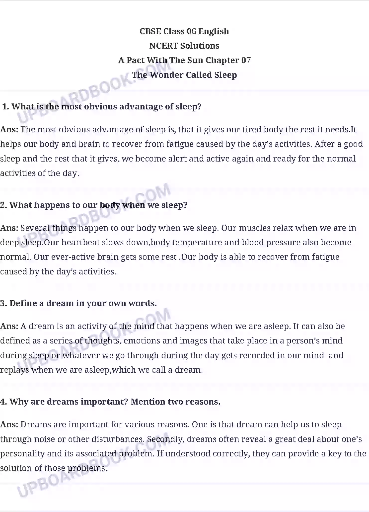 UP Board class 6 English 7. The Wonder Called Sleep Solution PDF ...