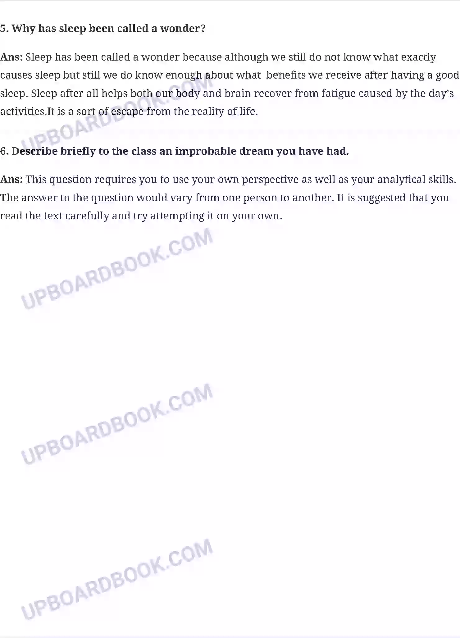 UP Board class 6 English 7. The Wonder Called Sleep Solution PDF ...