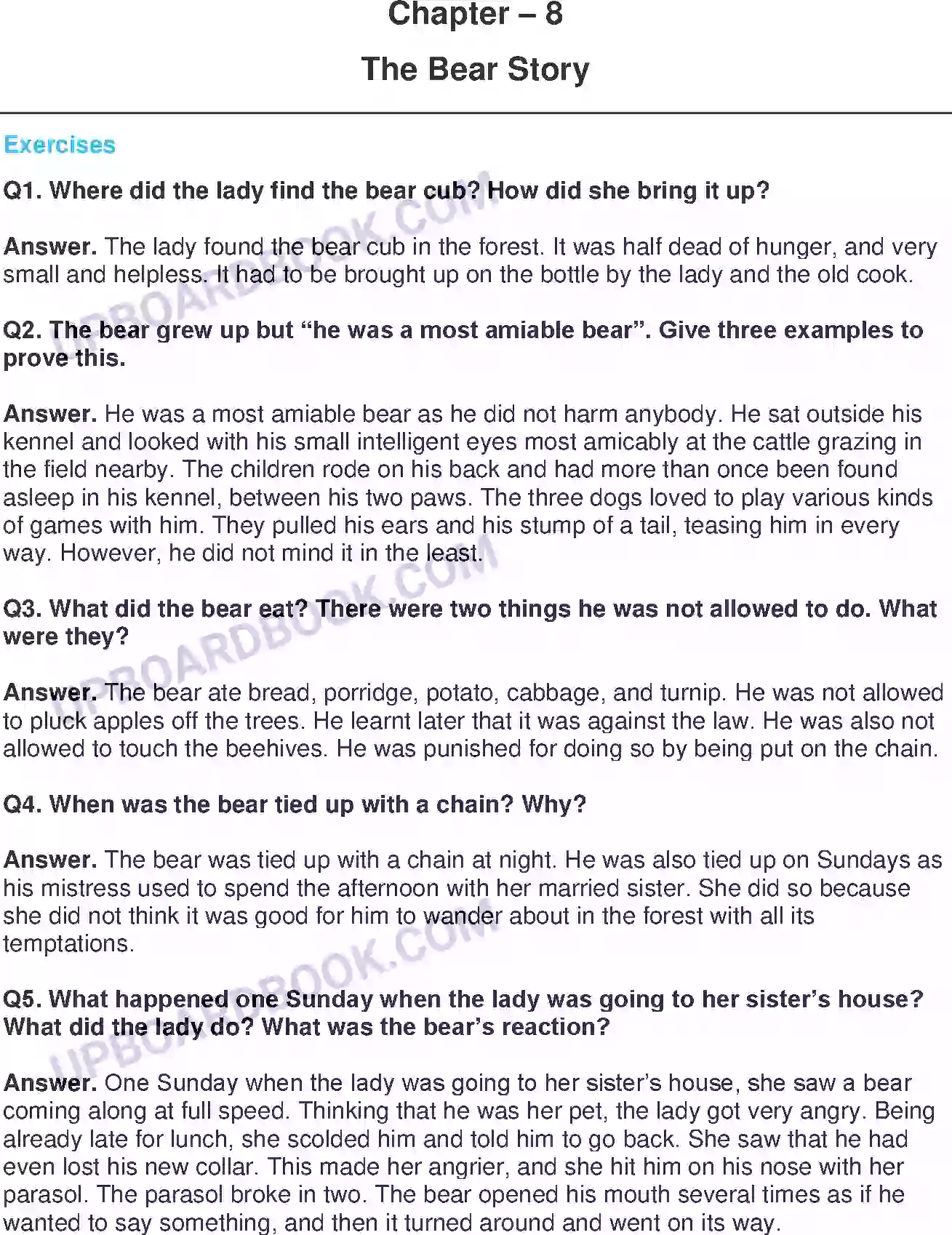 UP Board class 7 English 8. The Bear Story Solution PDF - UPBoardBook