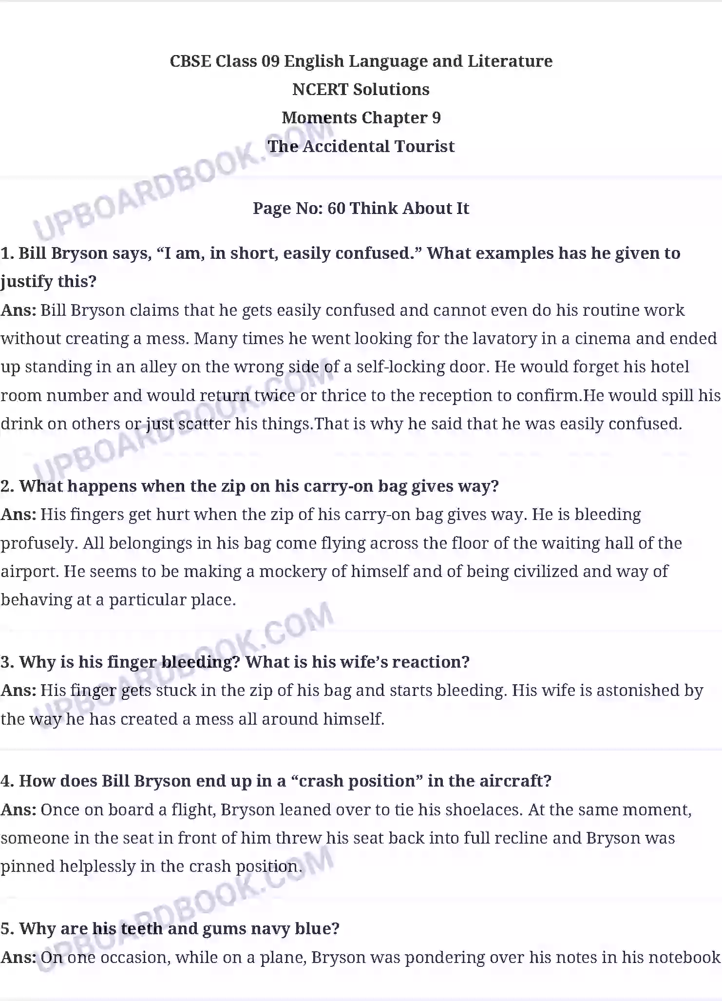 UP Board class 9 English 9. The Accidental Tourist Solution PDF ...